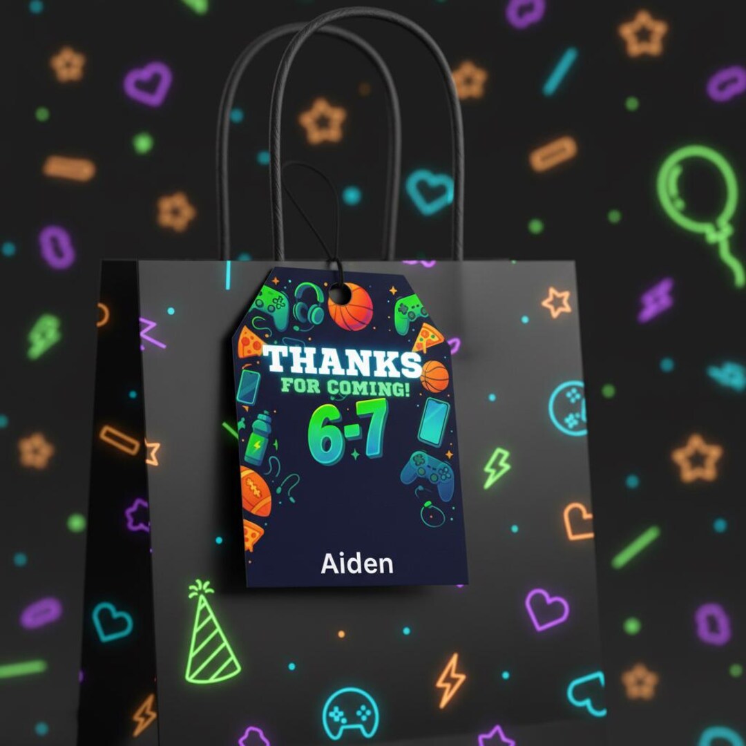 Gamer Birthday Thank You Tags | 6-7 Meme Party Favor Tag | Neon Gaming ...
