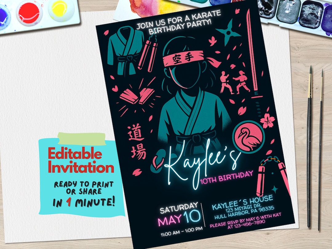 Girls Karate Birthday Party Invitation | Editable Canva Template ...