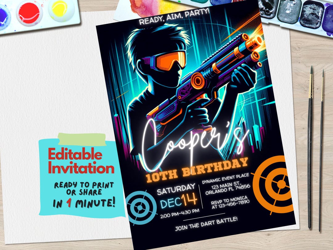 Dart Gun Birthday Party Invitation Template Editable in Canva – Action ...