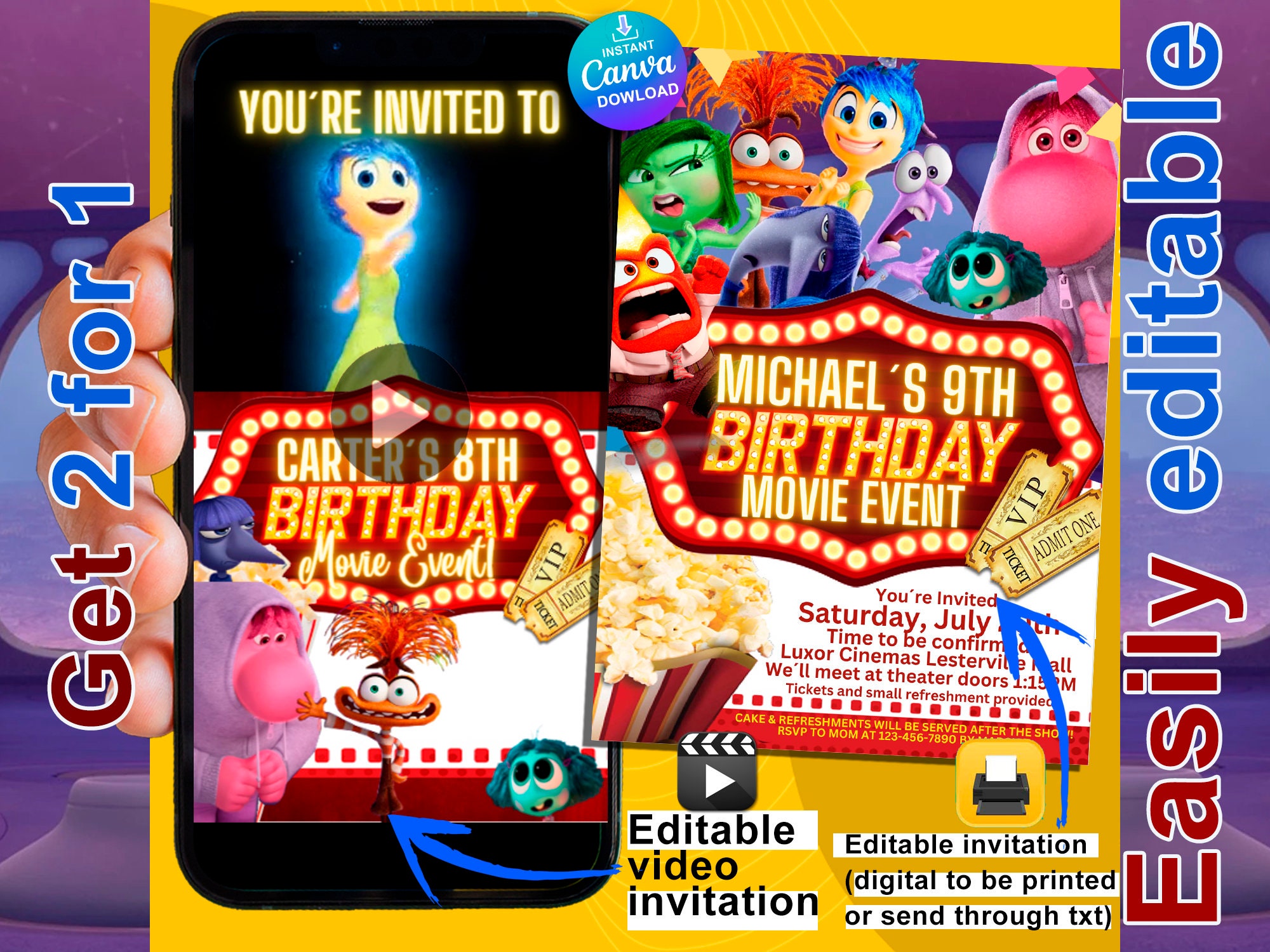 Inside Out 2 Movie Theater Party Invites: 2-for-1 Editable Printable ...