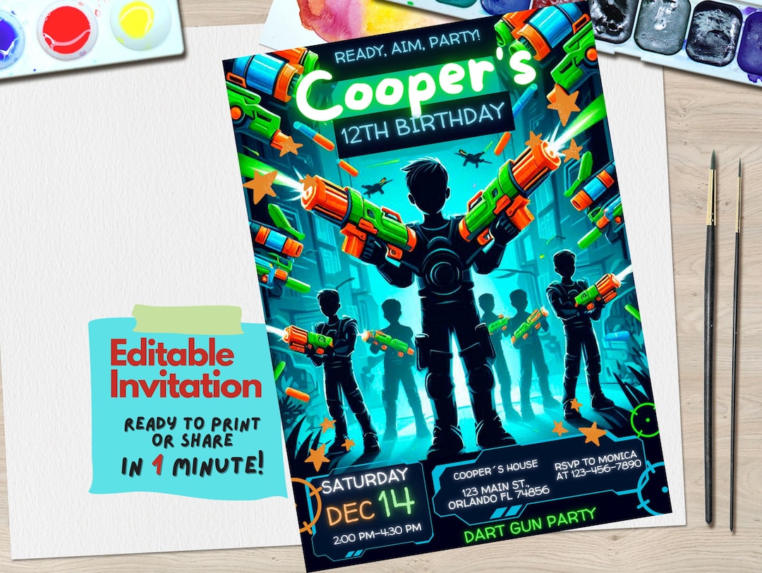 Dart Gun Battle Birthday Invitation, Editable Party Invite Template ...