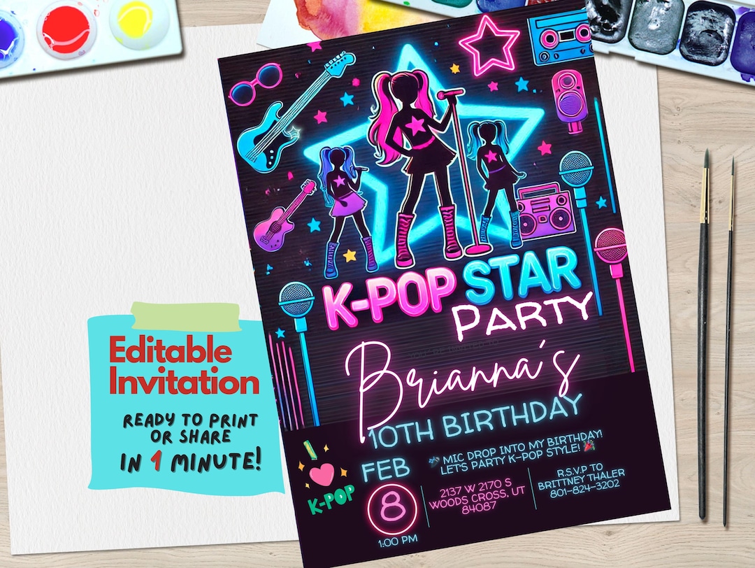 Editable K-pop Birthday Invitation | Digital Korean Pop Party Invite ...