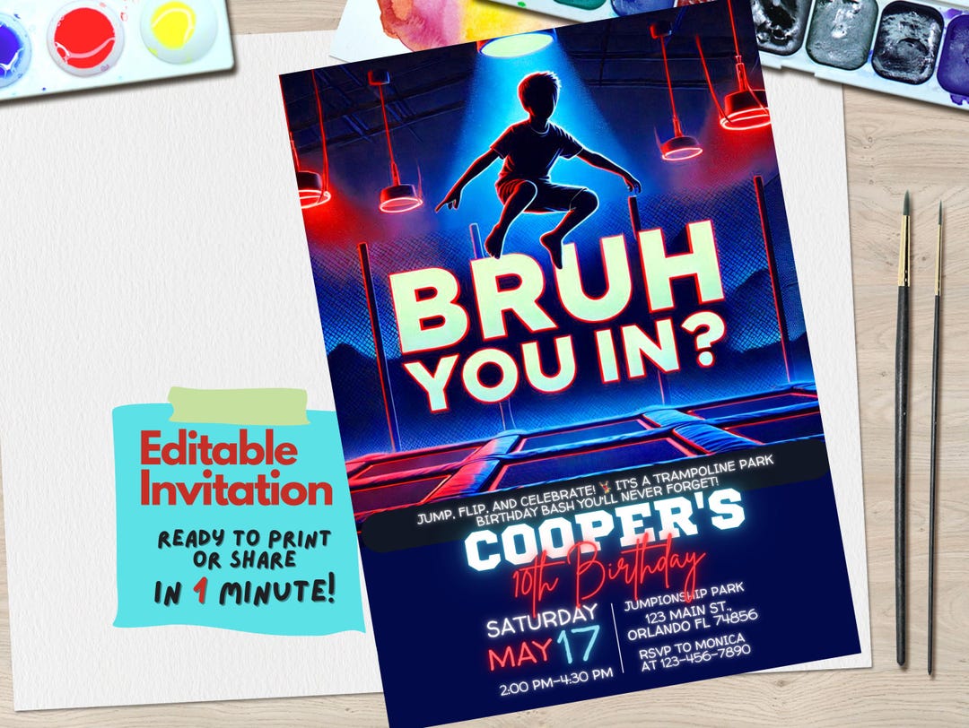 Trampoline Birthday Party Invitation | Editable Canva Template for Jump ...