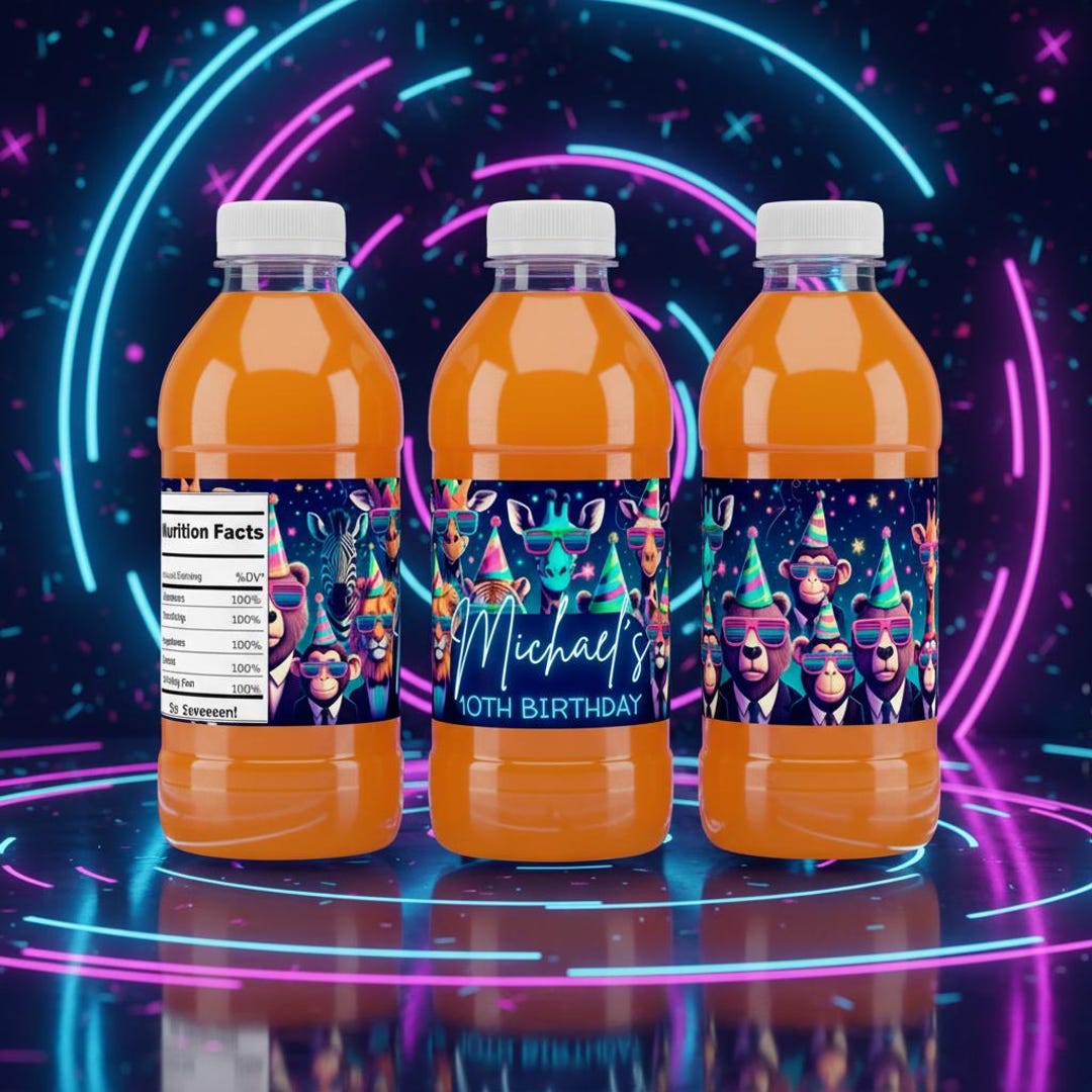 Neon Party Animals Water Bottle Labels, Editable Birthday Drink Wraps ...