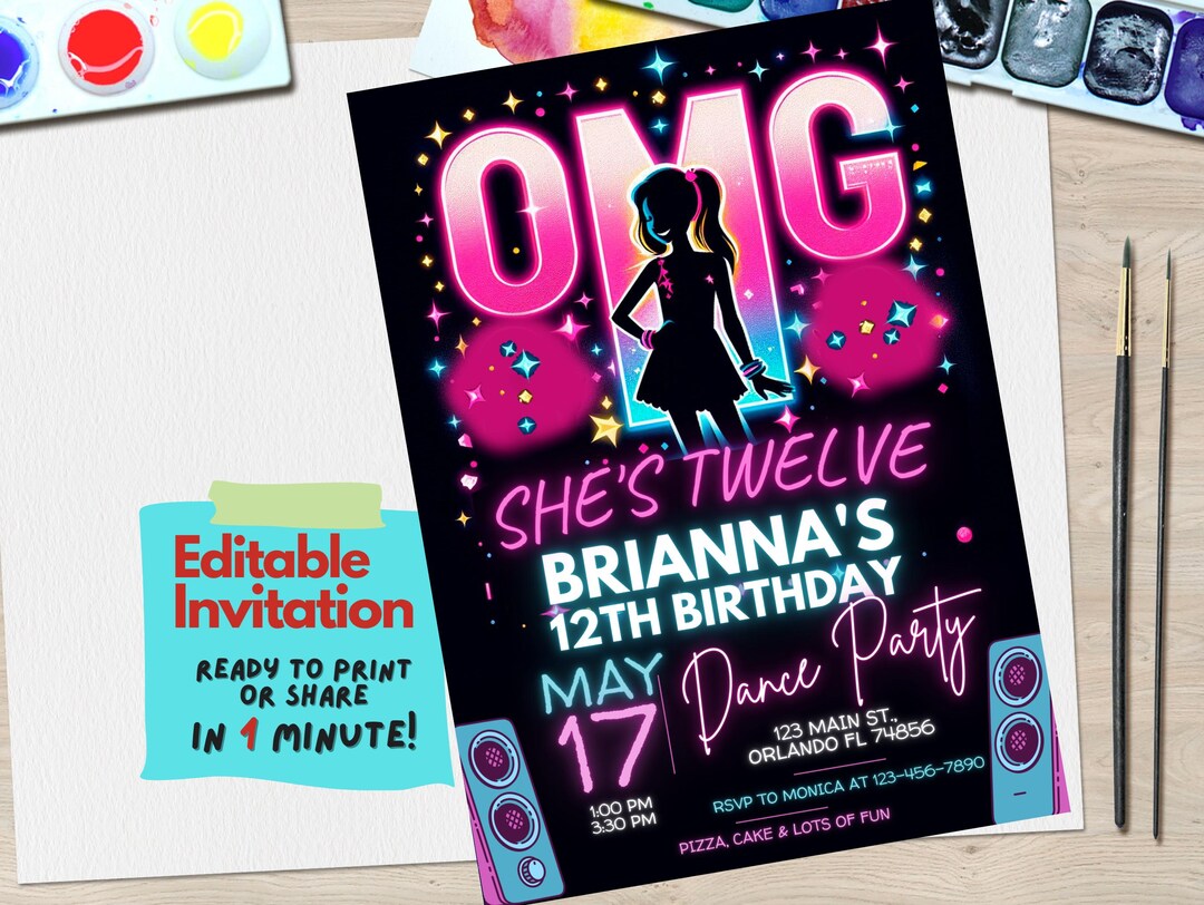 Tween Girl Glow Dance Party Birthday Invitation - Neon Pink Editable ...