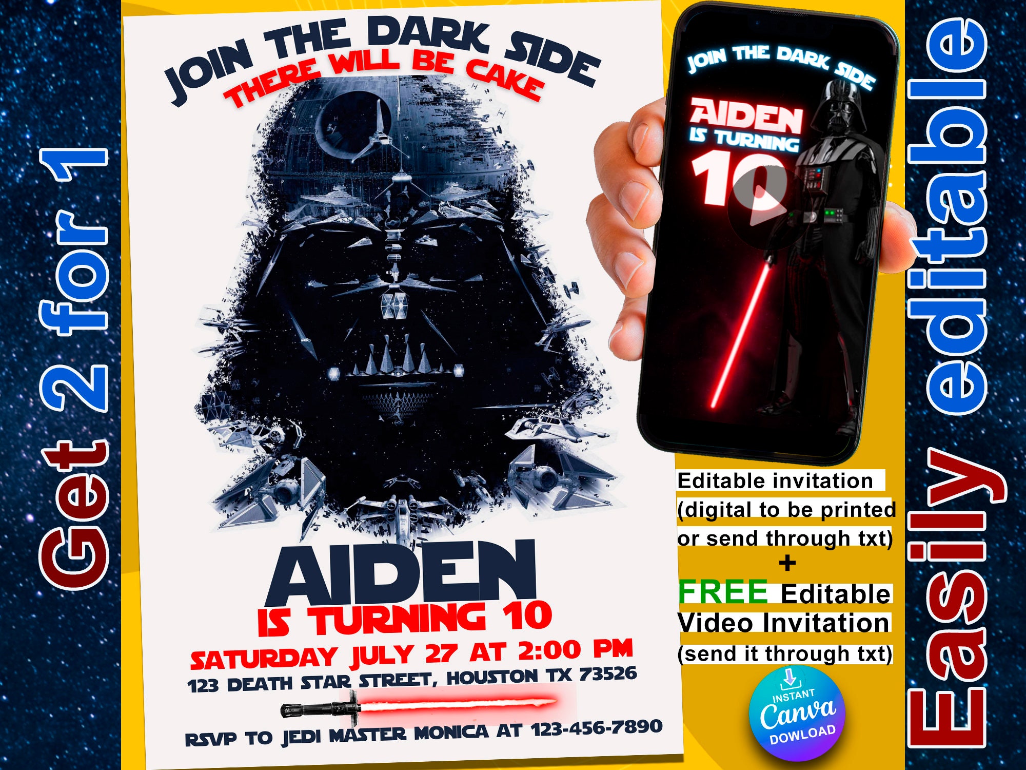 Star Wars Editable Printable Invitation With FREE Video Birthday Invite ...