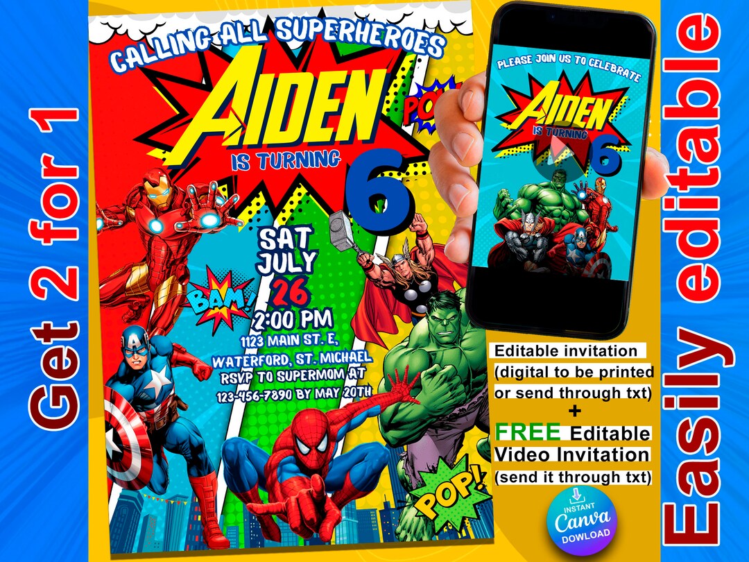 Avengers Editable Birthday Invitations Both Printable & Animated Get ...