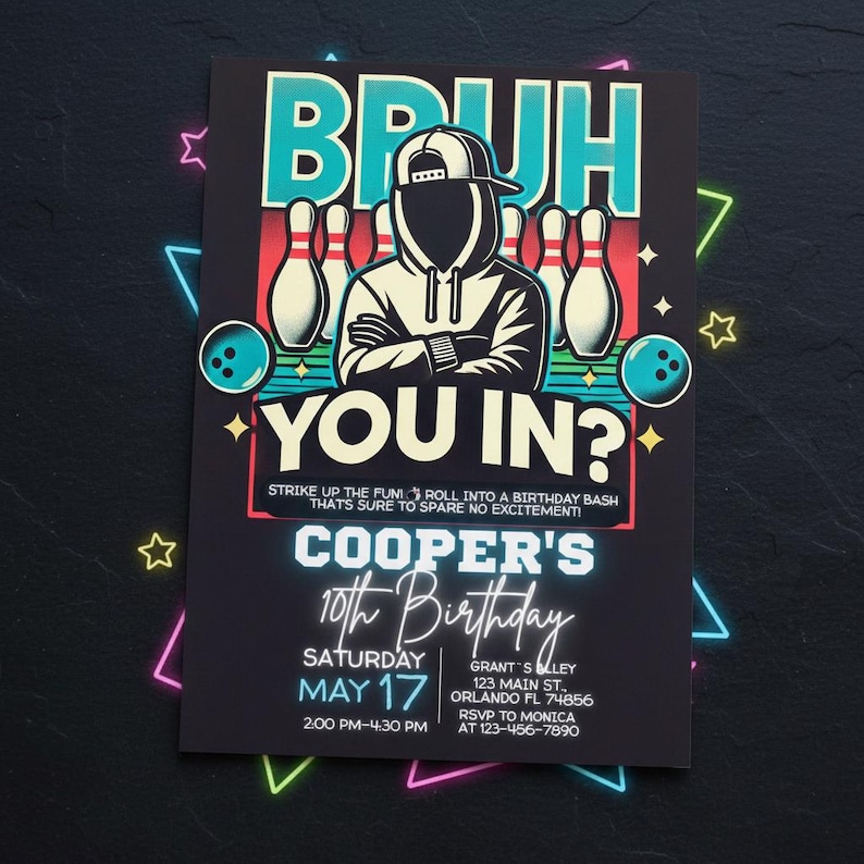Bruh You In? Bowling Birthday Invitation | Funny Meme, Modern Neon ...
