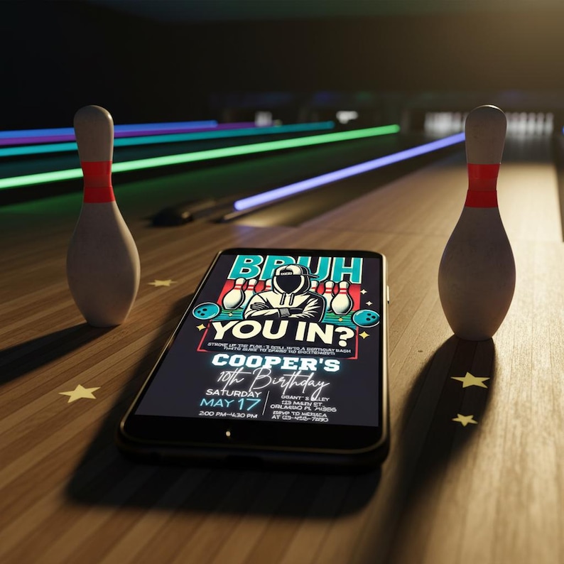 Neon Bowling Birthday Invitation Template | Editable Canva Party Invite ...