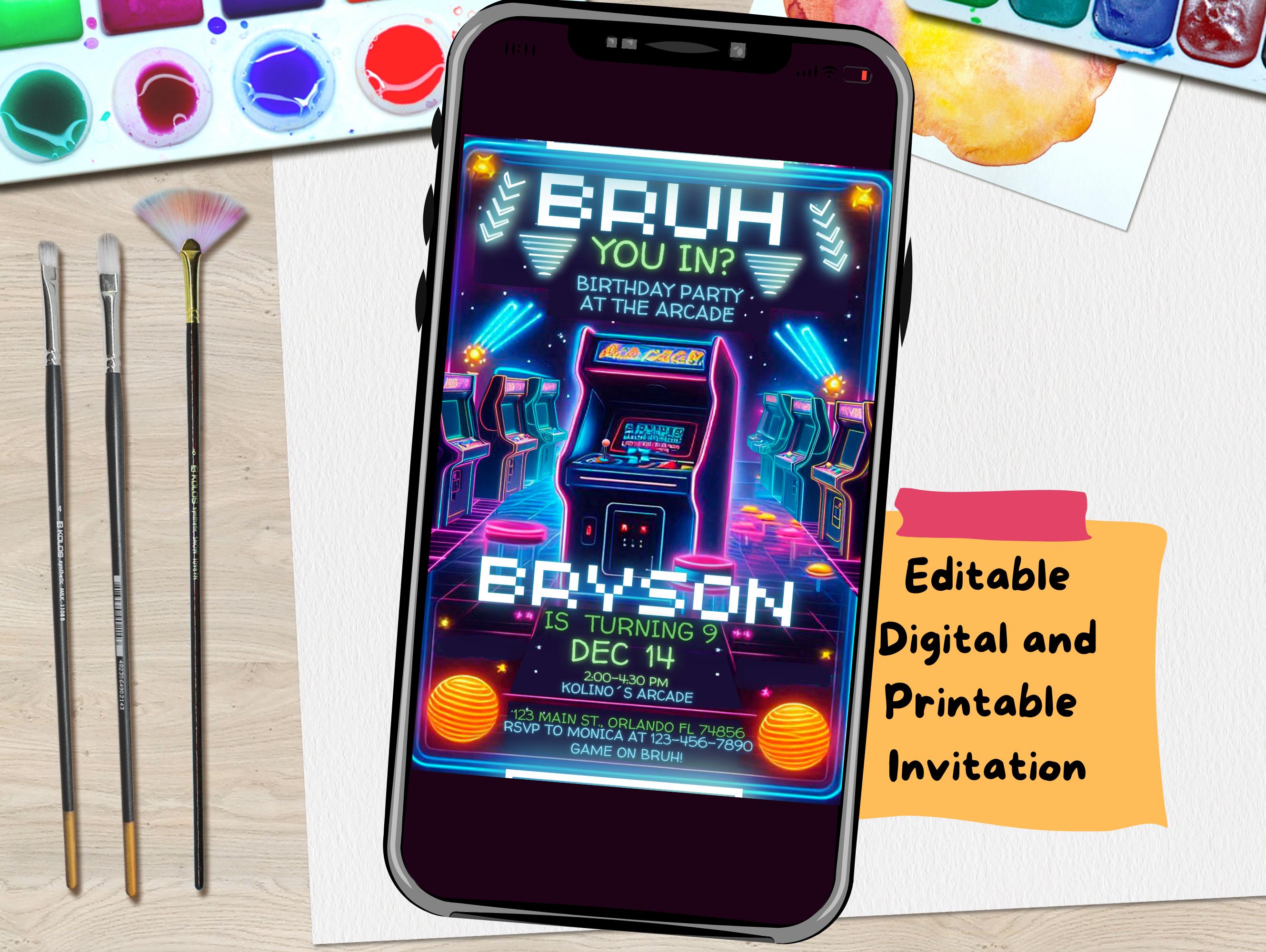 Editable Arcade Birthday Invitation | Retro Gaming Party Invite | Canva ...