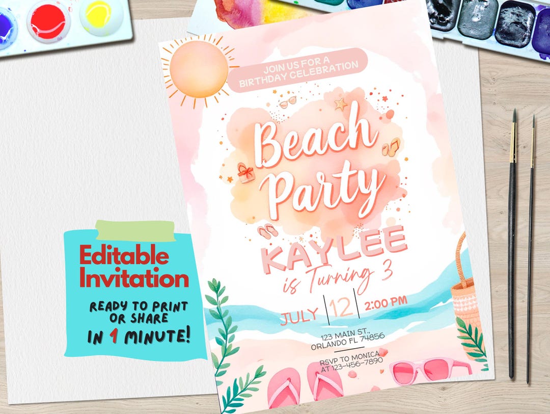 Pink Beach Party Invitation for Girls | Editable Summer Birthday Invite ...