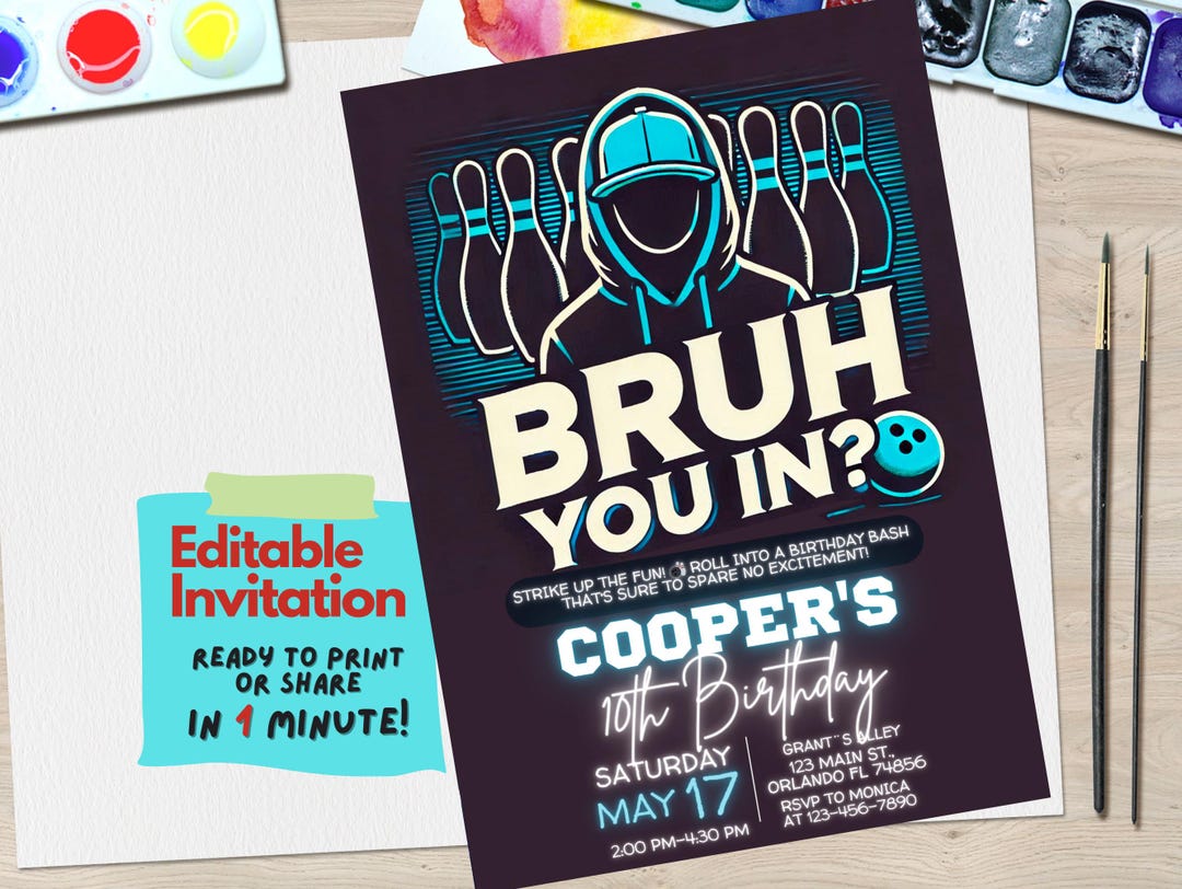 Bowling Birthday Party Invitation | Editable Canva Template | Bruh You ...