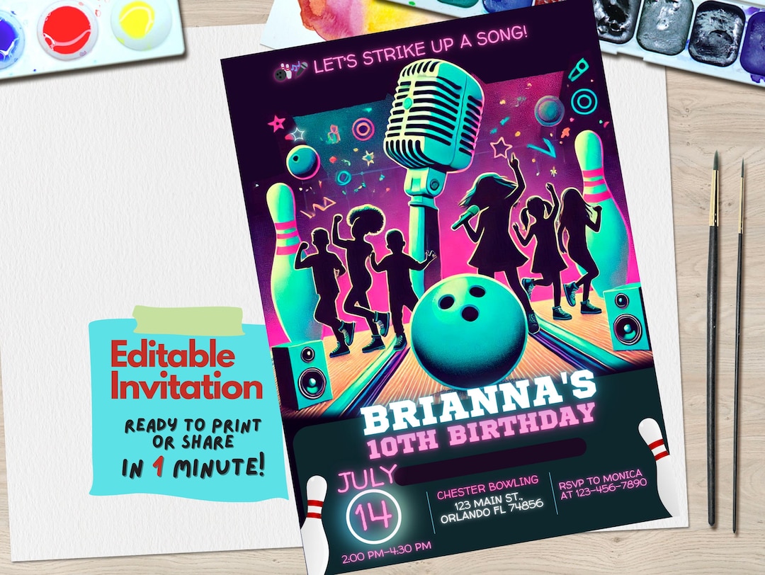 Bowling & Karaoke Birthday Invitation | Glow Bowling Party | Sing and ...