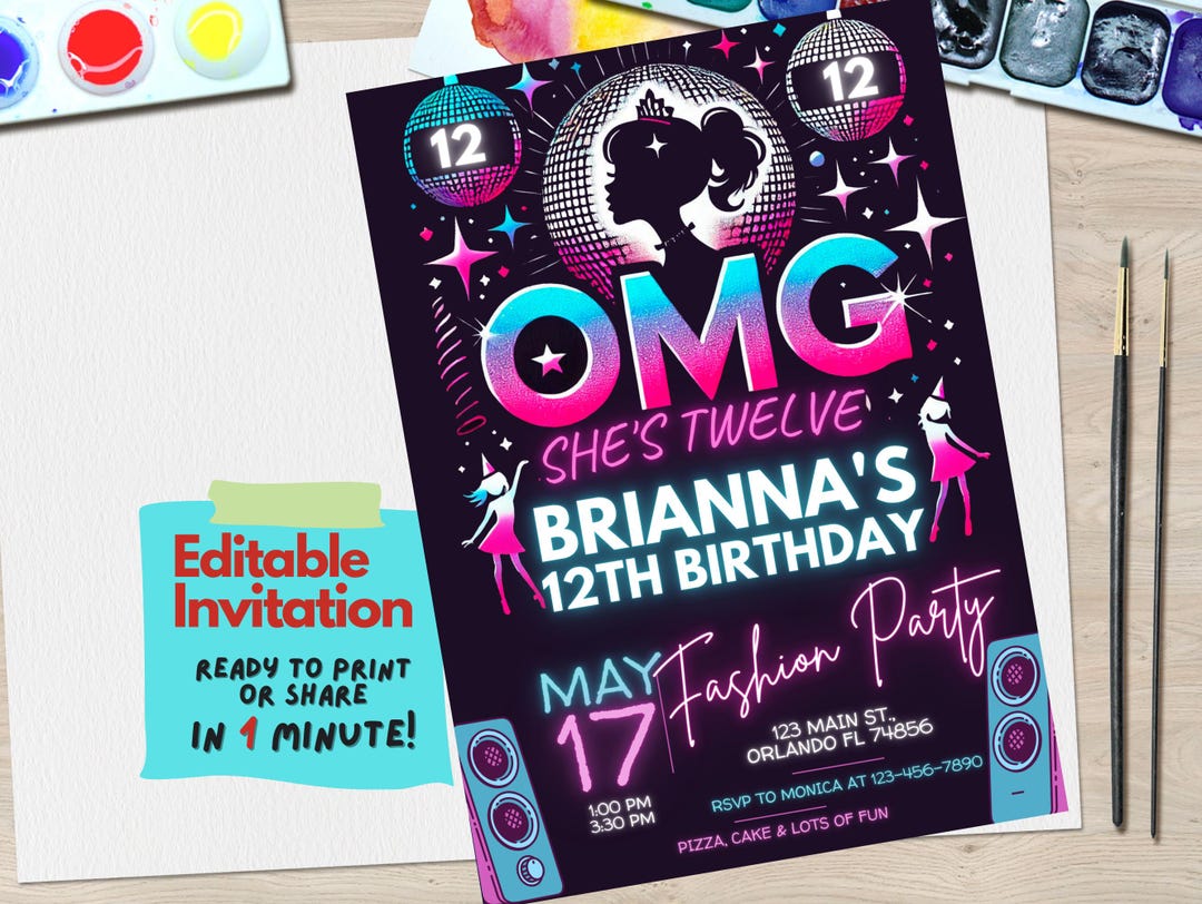 OMG Dance Party Birthday Invitation for Tween Girls - Neon Pink Glow ...