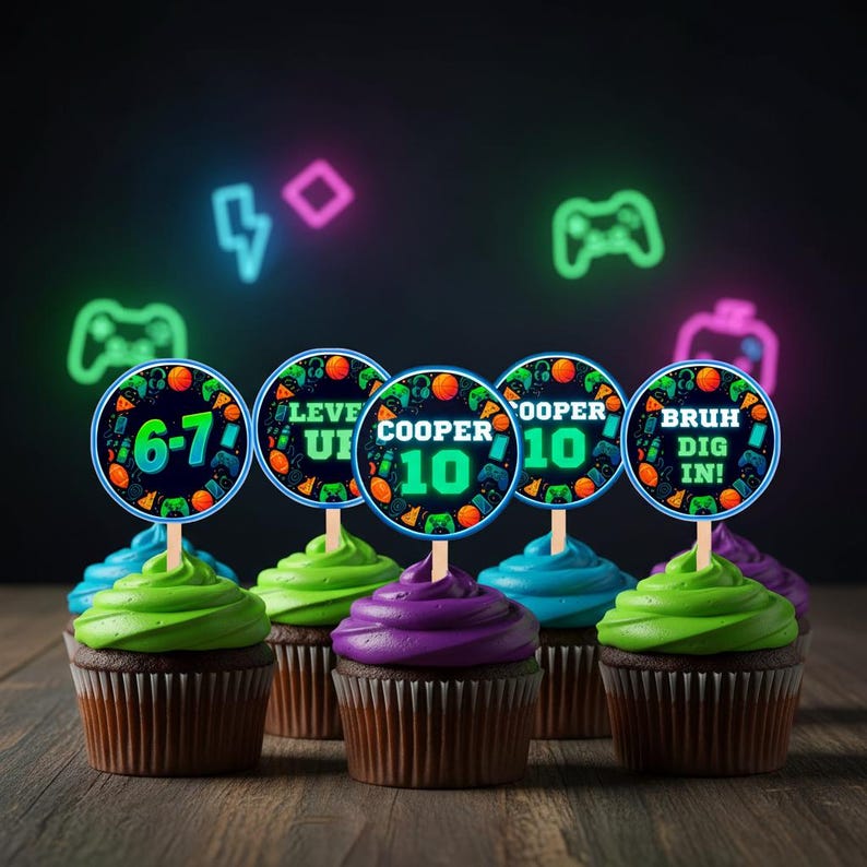 6 7 Meme Neon Gamer Cupcake Toppers | Level up Birthday Party Decor ...
