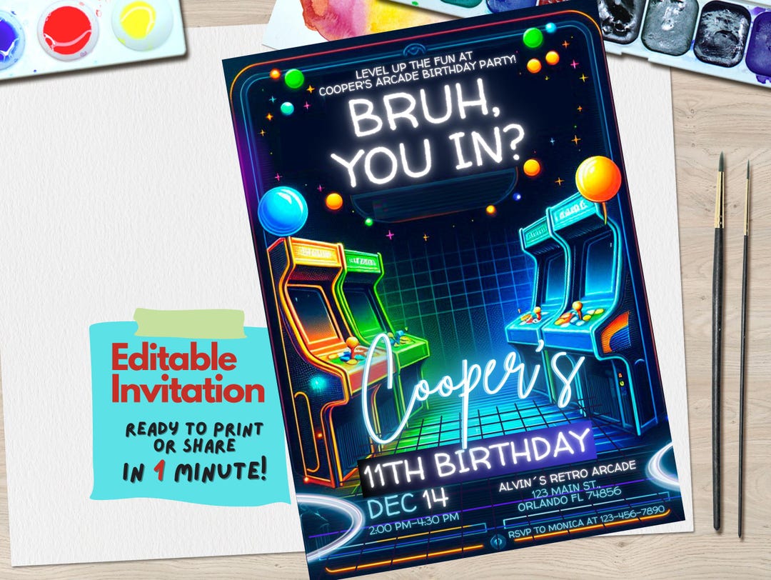 Retro Arcade Birthday Invitation Editable Template | Video Game Party ...