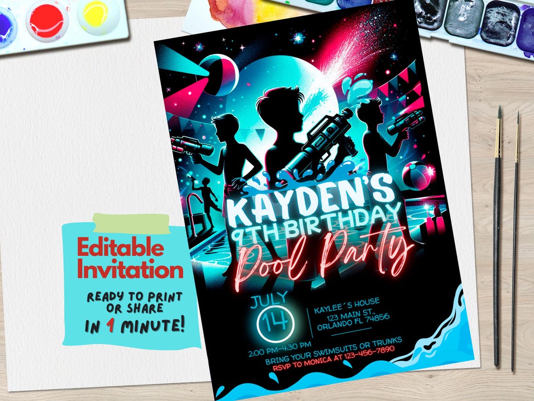 Pool Party Water Gun Battle Invitation | Summer Splash Party Invite ...