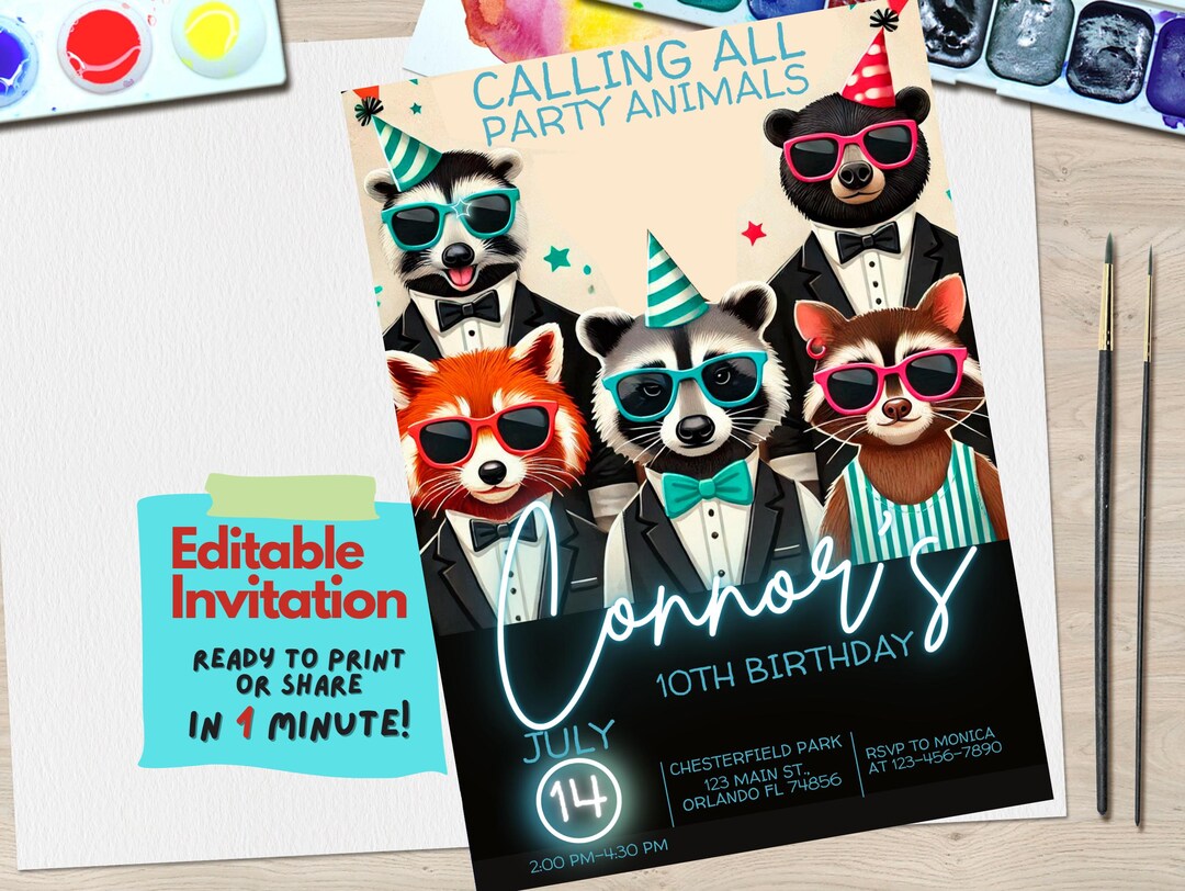 Party Animals Birthday Invitation, Cute Safari Party Invite, Forrest ...