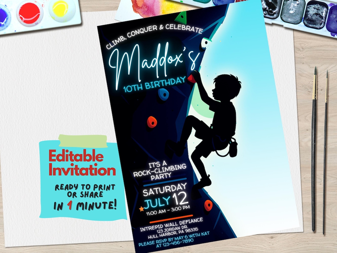 Rock Climbing Birthday Invitation | Wall Climb Party | Editable Canva ...