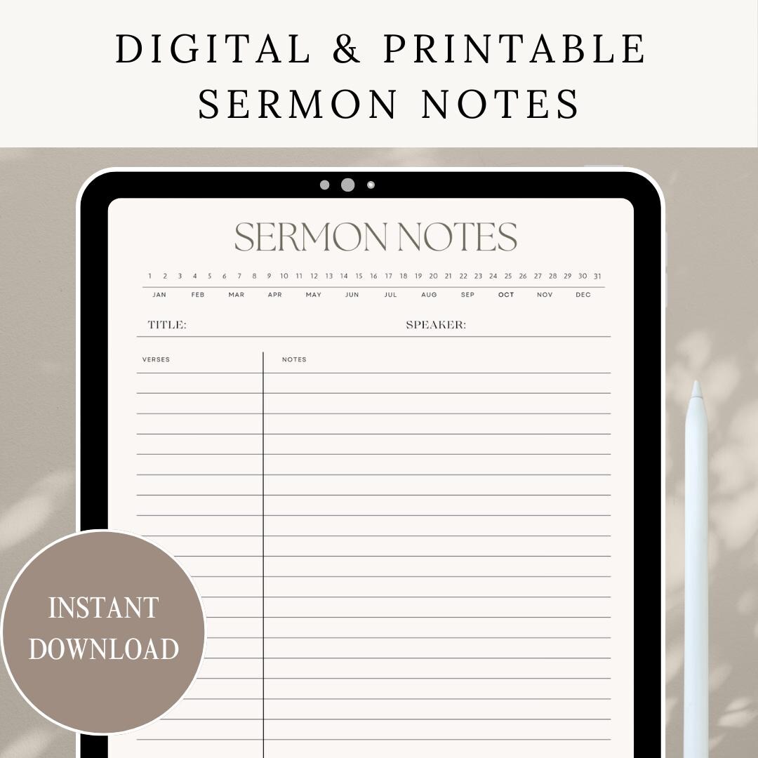 Digital Minimal Sermon Notes, Planner Template, Bible Study Church ...