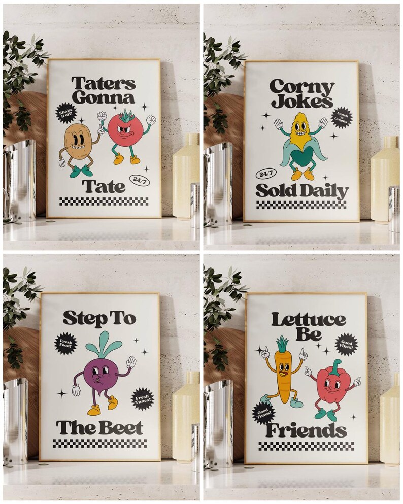 Retro Vegetable Pun Poster Set of 4 Downloadable Retro Wall Art ...