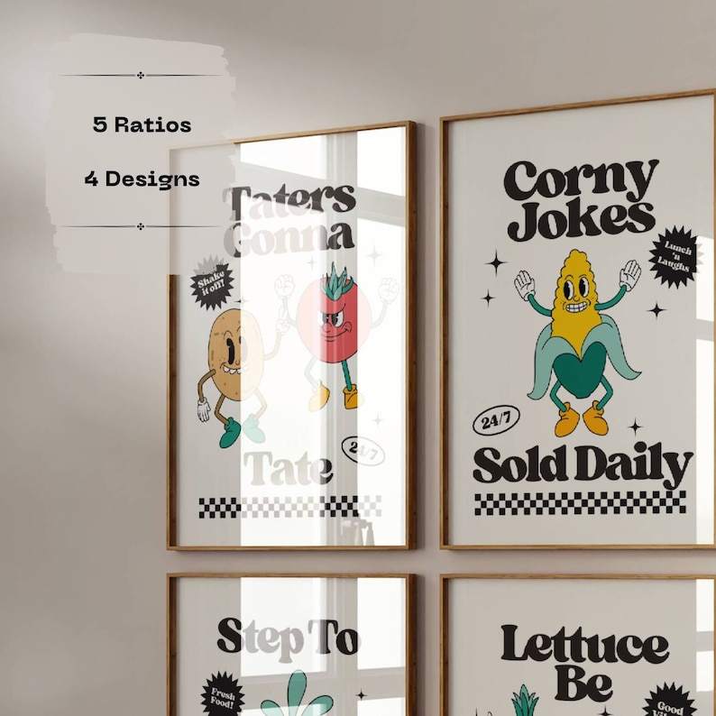 Retro Vegetable Pun Poster Set of 4 Downloadable Retro Wall Art ...