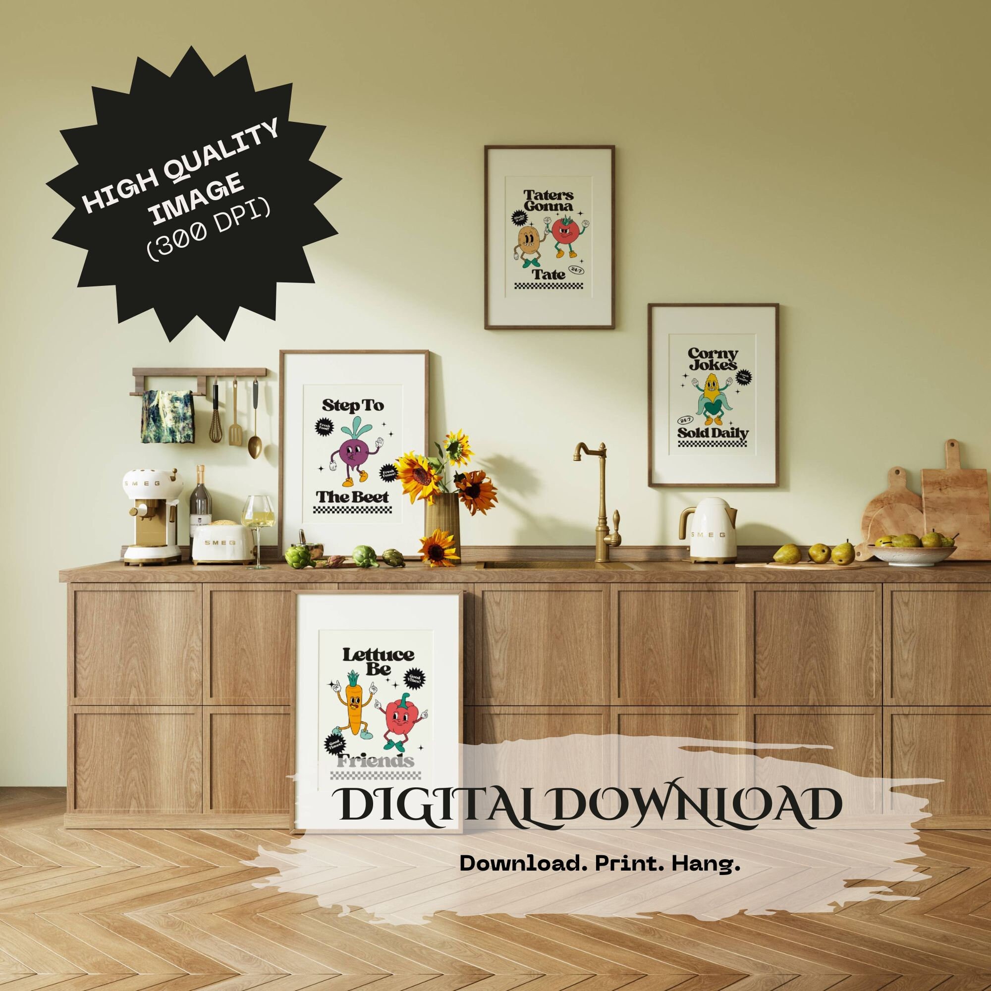 Retro Vegetable Pun Poster Set of 4 | Downloadable Retro Wall Art ...