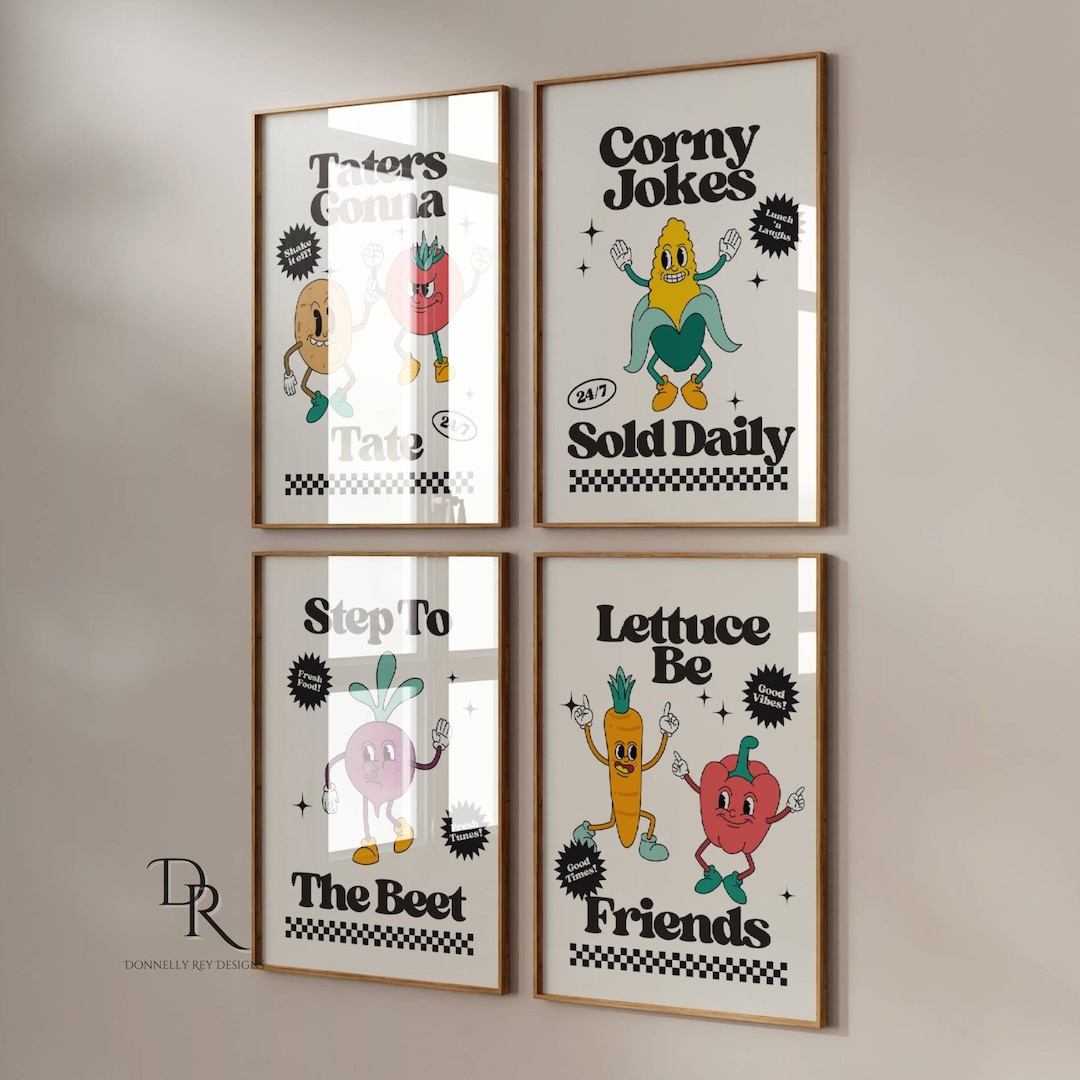 Funny Vegetable Pun Wall Art Set of 4: Retro Digital Food Prints for ...