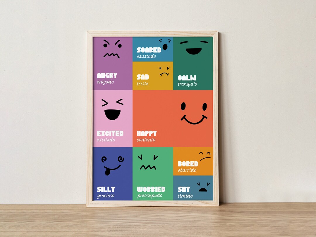 Bilingual Emotions Poster for Kids English, Spanish Nursery Wall Art ...