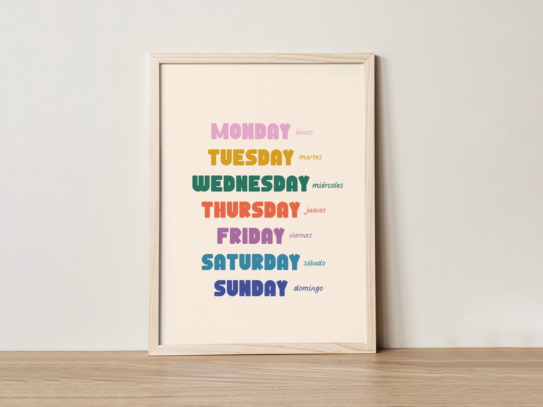 Days of the Week Bilingual Poster for Kids English, Spanish Nursery ...