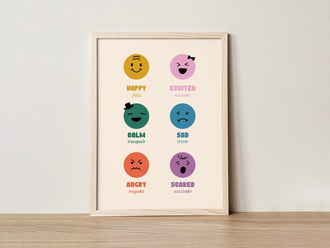 Bilingual Emotions Poster for Kids Faces English, Spanish Nursery Wall ...