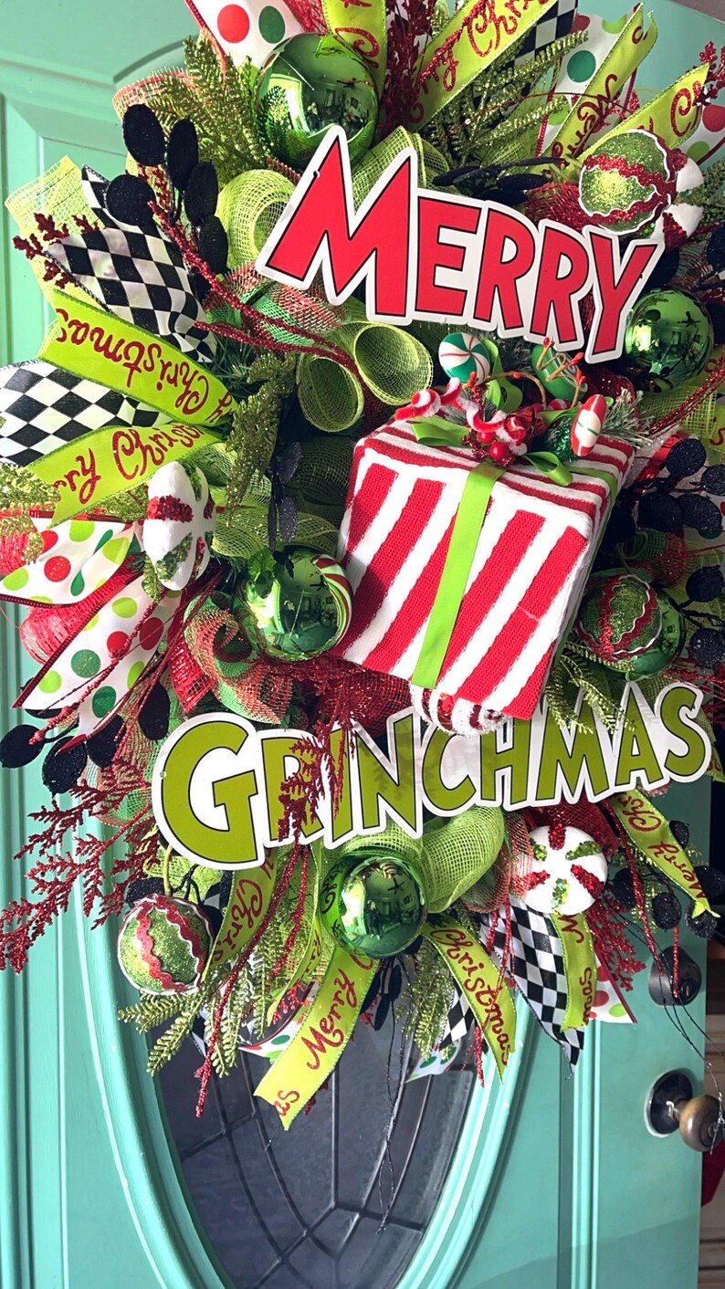 Red, Lime Green, and Black Grinchmas Christmas Wreath - Etsy