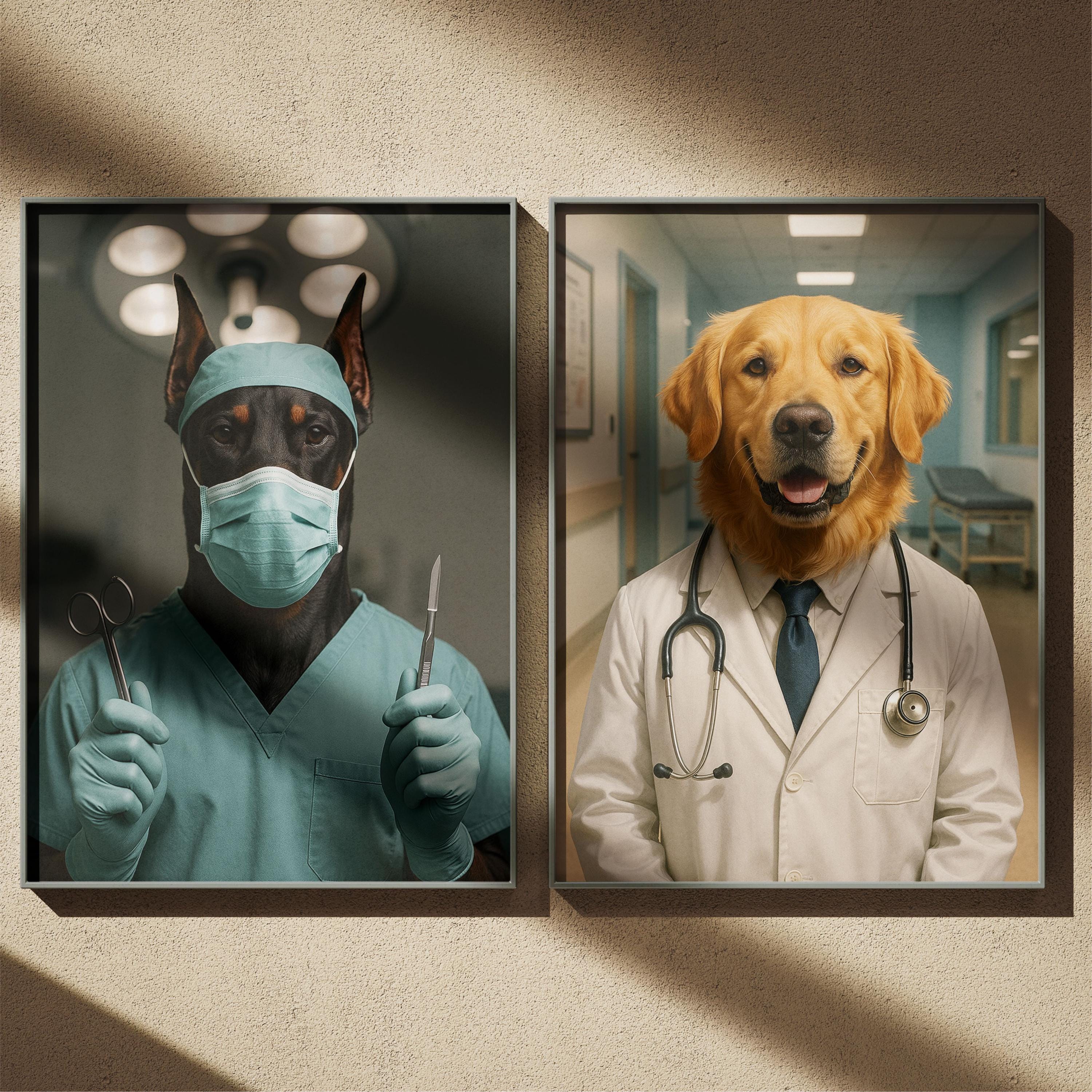 Custom Dog Surgeon Portrait, Funny Medical Pet Canvas, Animal Hospital ...