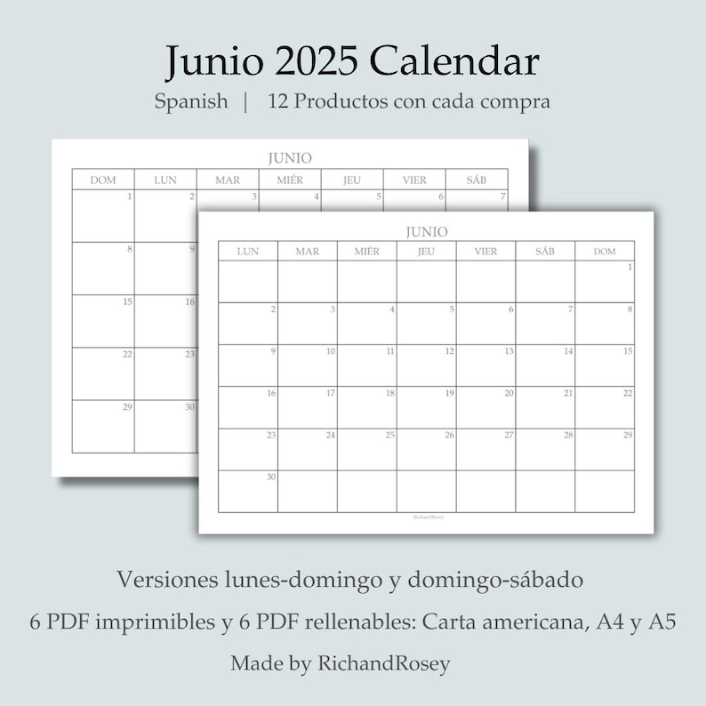 Spanish June 2025 Calendar, Monthly Planner, Monday to Sunday and ...