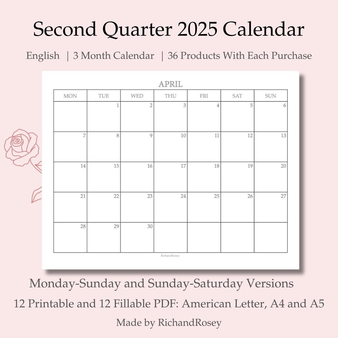 English Q2 2025 Calendar, 2025 Monthly Planner, Monday to Sunday and ...
