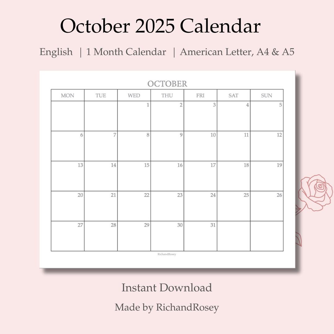 English October 2025 Calendar, Monthly Planner, Monday to Sunday and ...