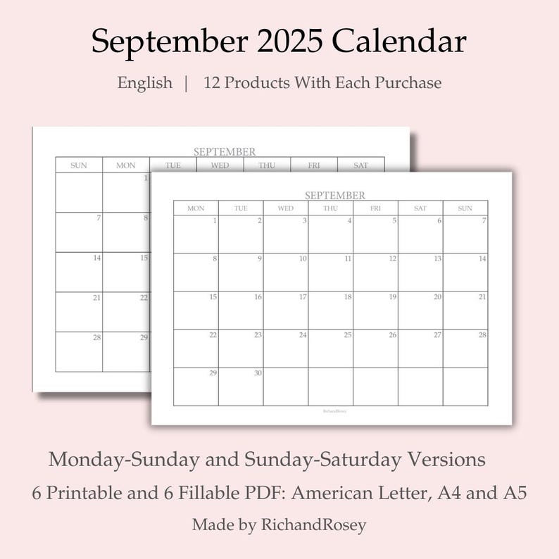 English September 2025 Calendar, Monthly Planner, Monday to Sunday and ...