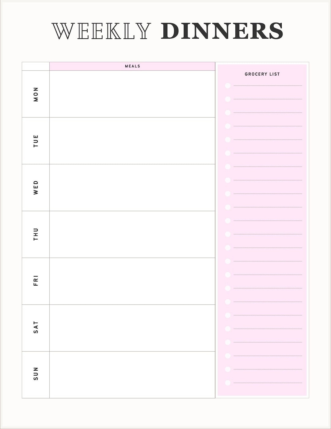Weekly Dinner Meal Planner Printable, Instant Download, Meal Planner ...