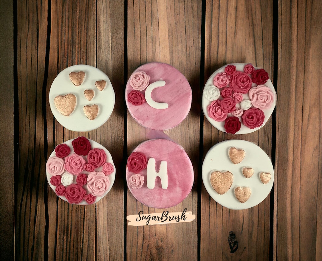 Personalised Valentines Day Toppers, Pink Roses Topper, Gold Heart ...