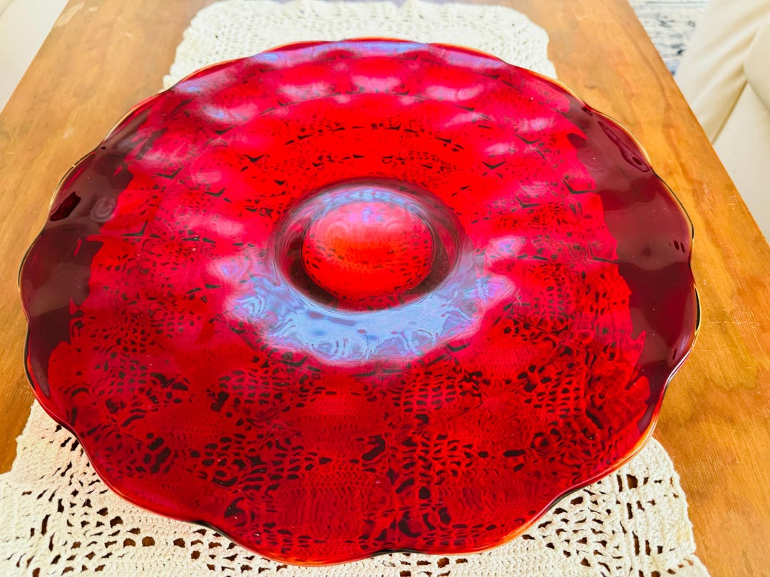 Gorgeous Vintage Ruby Red Cake Plate With Amberina on Bottom and Around ...