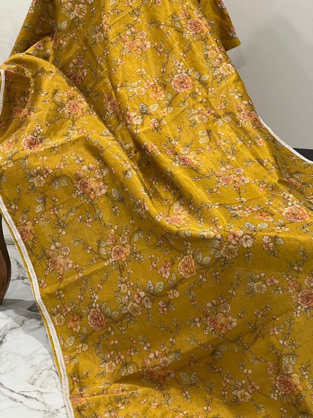 Ready to Wear Floral Pure Banaras Tissue Silk Mustard Yellow Saree With ...