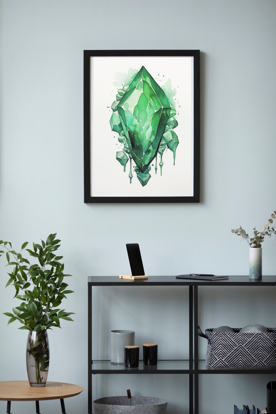 PRINTABLE Watercolour dripping Emerald Art, Raw Crystal Decor for Home ...