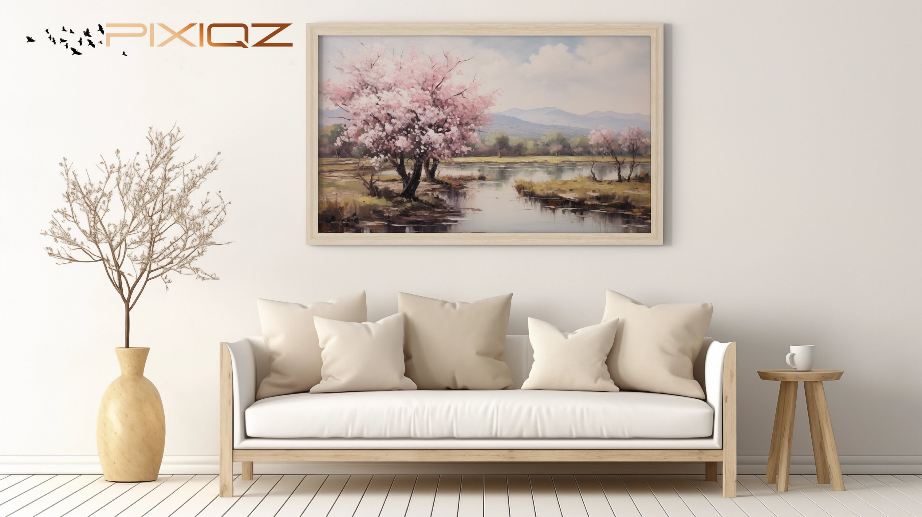 Cherry Blossom Tree 1D Landscape Painting | Digital Wall Art Print ...