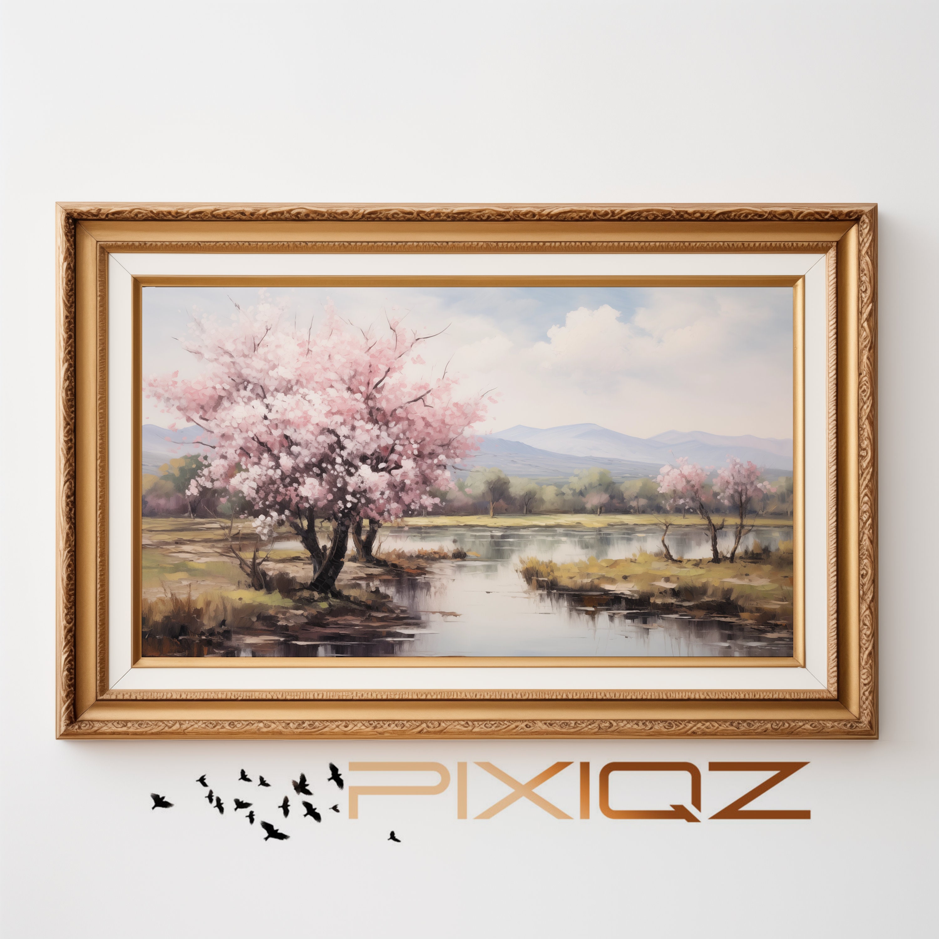 Cherry Blossom Tree 1D Landscape Painting | Digital Wall Art Print ...