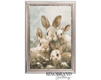 Oil Painting Bunny Rabbits Spring Decor, Vintage Farmhouse Print ...