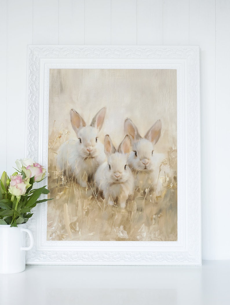 Oil Painting Bunny Rabbits Spring Decor, Vintage Farmhouse Print ...
