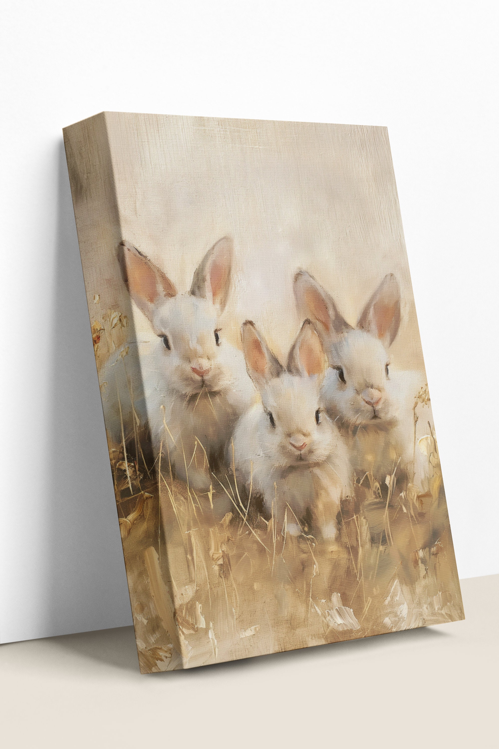 Oil Painting Bunny Rabbits Spring Decor, Vintage Farmhouse Print ...