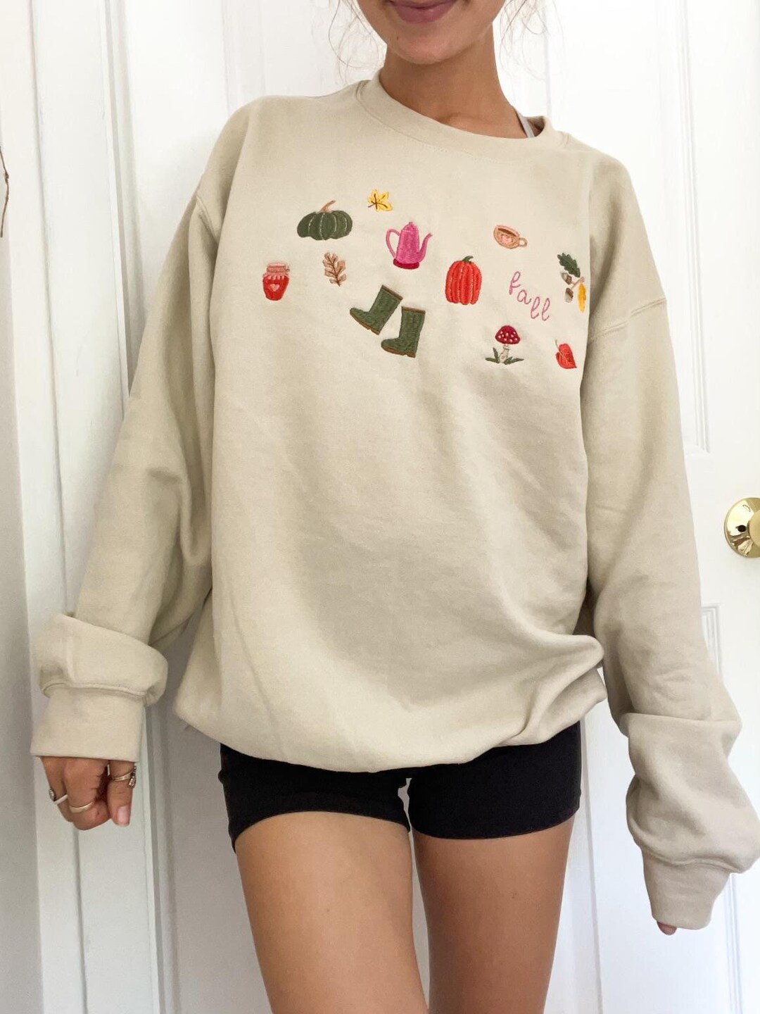Fall Sweatshirt | Embroidered Pumpkin Sweatshirt - Beige Autumn Leaves ...