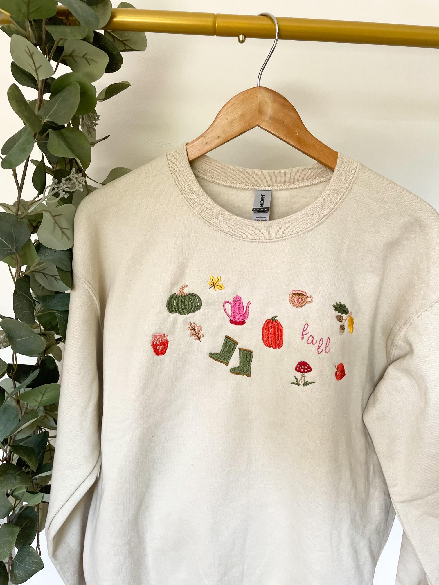 Fall Sweatshirt | Embroidered Pumpkin Sweatshirt - Beige Autumn Leaves ...