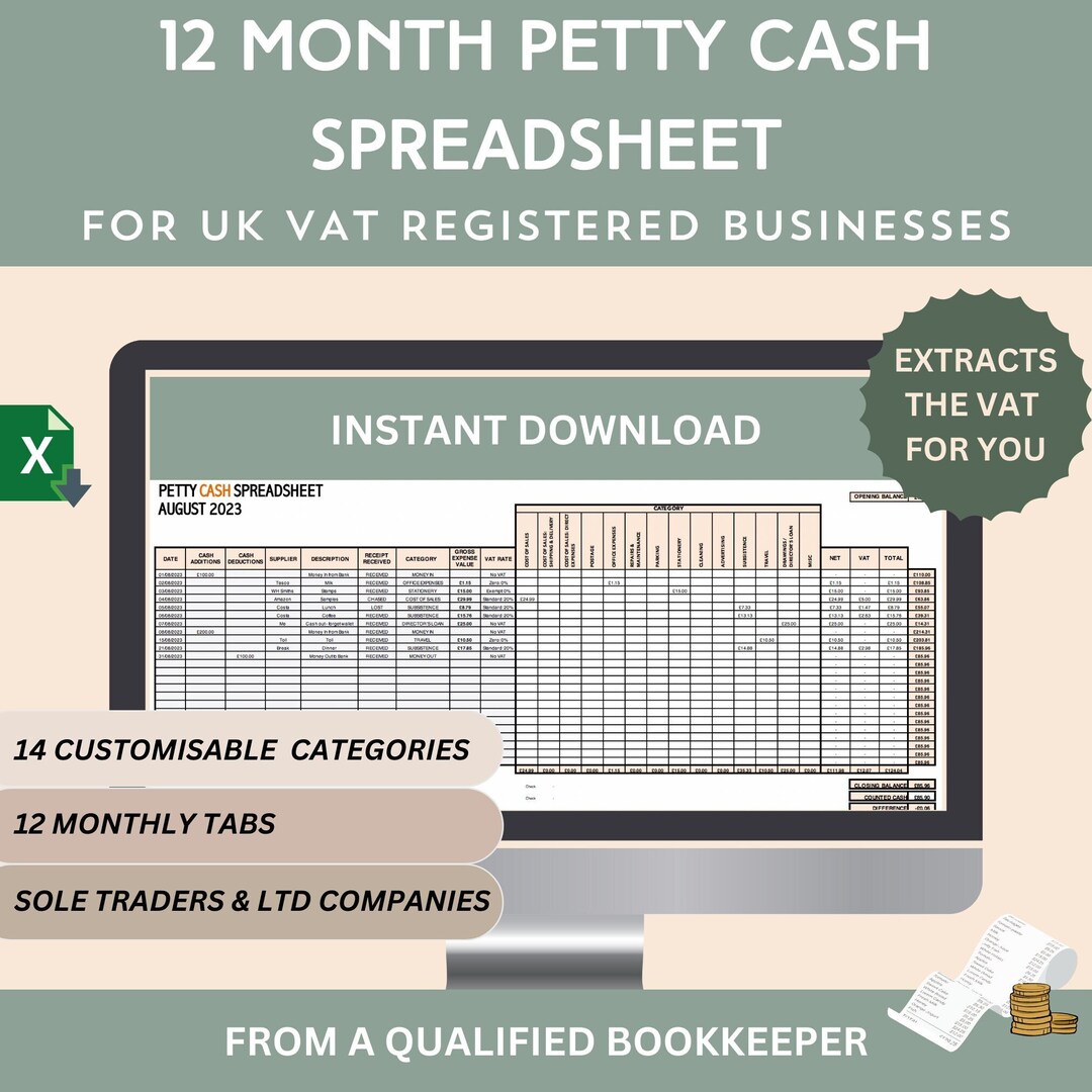 Small Business VAT Registered Petty Cash Bookkeeping Spreadsheet to ...